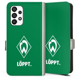 DeinDesign Galaxy A53 5G Handy Klapph&uuml;lle Handyh&uuml;lle aus Kunst Leder wei&szlig; Flip Case Sv Werder Bremen Official Licensed Product Statement Sideflip mit Lasche