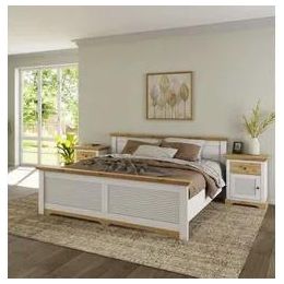 Bett OTTO HOME "Rauna, Landhausstil, edles Design mit Lamellen und Kassetten, 2 Farben", wei&szlig; (wei&szlig;, honig, wei&szlig;, honig, wei&szlig;, honig), B:195cm H:85cm L:206cm, Betten, Bett, FSC zertifiziertes Kieferholz, massive Qualit&auml;t mit Lattenrost