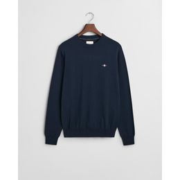 Rundhalspullover Gant "CTN/WO C-NECK", Herren, Gr. M, blau (evening blau), Feinstrick, Obermaterial: 70% Baumwolle, 30% Wolle, unifarben, normal h&uuml;ftlang, Rundhals, Rippstrickb&uuml;ndchen, Pullover Rundhalspullover, mit Logostickerei