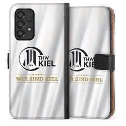 DeinDesign Galaxy A33 5G Handy Klapph&uuml;lle Handyh&uuml;lle aus Kunst Leder schwarz Flip Case Handball Official Licensed Product Thw Kiel Sideflip mit langer Lasche