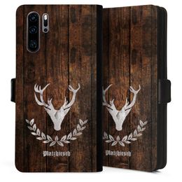 DeinDesign Huawei P30 Pro Handy Klapph&uuml;lle Handyh&uuml;lle aus Kunst Leder schwarz Flip Case Wooden Look Deer Wood Sideflip mit langer Lasche