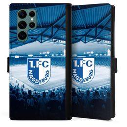 DeinDesign Galaxy S22 Ultra Handy Klapph&uuml;lle Handyh&uuml;lle aus Kunst Leder schwarz Flip Case Stadium 1. Fcm 1. Fc Magdeburg Sideflip mit langer Lasche