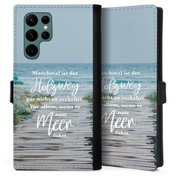 DeinDesign Galaxy S22 Ultra Handy Klapph&uuml;lle Handyh&uuml;lle aus Kunst Leder schwarz Flip Case Spruch Beach Statement Sideflip mit langer Lasche