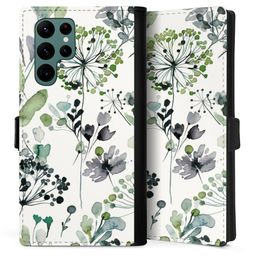 DeinDesign Galaxy S22 Ultra Handy Klapph&uuml;lle Handyh&uuml;lle aus Kunst Leder schwarz Flip Case Flowers Water Colour Eukalyptus Sideflip mit langer Lasche