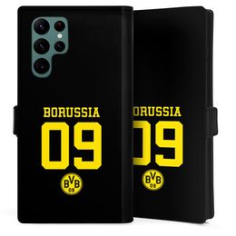 DeinDesign Galaxy S22 Ultra Handy Klapph&uuml;lle Handyh&uuml;lle aus Kunst Leder schwarz Flip Case Jersey Bvb Borussia Dortmund Sideflip mit langer Lasche