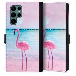 DeinDesign Galaxy S22 Ultra Handy Klapph&uuml;lle Handyh&uuml;lle aus Kunst Leder schwarz Flip Case Beach Tropical Flamingo Sideflip mit langer Lasche