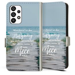 DeinDesign Galaxy A53 5G Handy Klapph&uuml;lle Handyh&uuml;lle aus Kunst Leder wei&szlig; Flip Case Statement Beach Spruch Sideflip mit Lasche