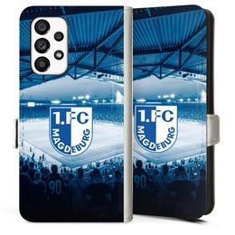 DeinDesign Galaxy A53 5G Handy Klapph&uuml;lle Handyh&uuml;lle aus Kunst Leder wei&szlig; Flip Case 1. Fcm Stadium 1. Fc Magdeburg Sideflip mit Lasche