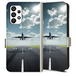 DeinDesign Galaxy A53 5G Handy Klapph&uuml;lle Handyh&uuml;lle aus Kunst Leder wei&szlig; Flip Case Airplane Wanderlust Urlaub Sideflip mit Lasche