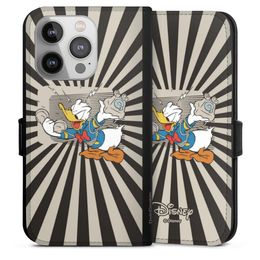 DeinDesign iPhone 14 Pro Handy Klapph&uuml;lle Handyh&uuml;lle aus Kunst Leder schwarz Flip Case Official Licensed Product Donald Duck Disney Sideflip mit langer Lasche