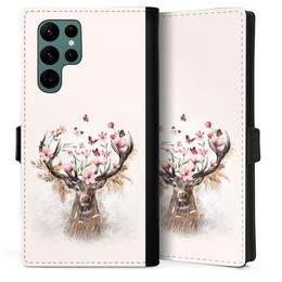 DeinDesign Galaxy S22 Ultra Handy Klapph&uuml;lle Handyh&uuml;lle aus Kunst Leder schwarz Flip Case Deer Flowers Animals Sideflip mit langer Lasche