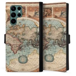 DeinDesign Galaxy S22 Ultra Handy Klapph&uuml;lle Handyh&uuml;lle aus Kunst Leder schwarz Flip Case Vintage Map World Map Sideflip mit langer Lasche