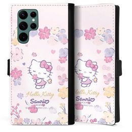 DeinDesign Galaxy S22 Ultra Handy Klapph&uuml;lle Handyh&uuml;lle aus Kunst Leder schwarz Flip Case Water Colour Hello Kitty Merchandise Sideflip mit langer Lasche