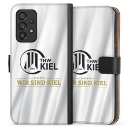 DeinDesign Galaxy A53 5G Handy Klapph&uuml;lle Handyh&uuml;lle aus Kunst Leder schwarz Flip Case Handball Official Licensed Product Thw Kiel Sideflip mit langer Lasche