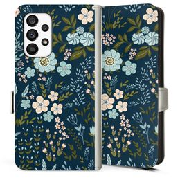 DeinDesign Galaxy A53 5G Handy Klapph&uuml;lle Handyh&uuml;lle aus Kunst Leder wei&szlig; Flip Case Blue Muster Flowers Sideflip mit Lasche