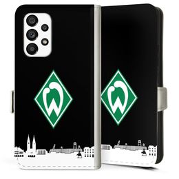 DeinDesign Galaxy A53 5G Handy Klapph&uuml;lle Handyh&uuml;lle aus Kunst Leder wei&szlig; Flip Case Skyline Sv Werder Bremen Official Licensed Product Sideflip mit Lasche