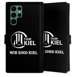 DeinDesign Galaxy S22 Ultra Handy Klapph&uuml;lle Handyh&uuml;lle aus Kunst Leder schwarz Flip Case Merchandise Handball Thw Kiel Sideflip mit langer Lasche