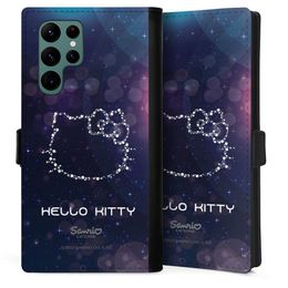 DeinDesign Galaxy S22 Ultra Handy Klapph&uuml;lle Handyh&uuml;lle aus Kunst Leder schwarz Flip Case Merchandise Hello Kitty Weltall Sideflip mit langer Lasche