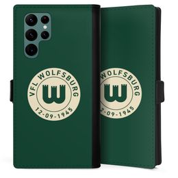 DeinDesign Galaxy S22 Ultra Handy Klapph&uuml;lle Handyh&uuml;lle aus Kunst Leder schwarz Flip Case 80 Jahre Vfl Wolfsburg Official Licensed Product Sideflip mit langer 