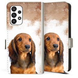 DeinDesign Galaxy A53 5G Handy Klapph&uuml;lle Handyh&uuml;lle aus Kunst Leder wei&szlig; Flip Case Dog Dachshund Pet Sideflip mit Lasche
