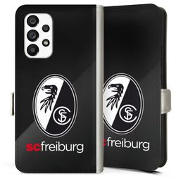 DeinDesign Galaxy A53 5G Handy Klapph&uuml;lle Handyh&uuml;lle aus Kunst Leder wei&szlig; Flip Case Lettering Sc Freiburg Logo Sideflip mit Lasche