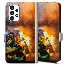 DeinDesign Galaxy A53 5G Handy Klapph&uuml;lle Handyh&uuml;lle aus Kunst Leder wei&szlig; Flip Case Fire Fire Fighters Life Saver Sideflip mit Lasche
