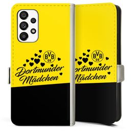 DeinDesign Galaxy A53 5G Handy Klapph&uuml;lle Handyh&uuml;lle aus Kunst Leder wei&szlig; Flip Case Bvb Dortmunder Girl Borussia Dortmund Sideflip mit Lasche