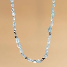 Holzkern Halsketten Damen Silber und Aquamarin