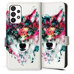 DeinDesign Galaxy A53 5G Handy Klapph&uuml;lle Handyh&uuml;lle aus Kunst Leder wei&szlig; Flip Case Riza Peker Colourful Wolf Sideflip mit Lasche