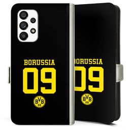 DeinDesign Galaxy A53 5G Handy Klapph&uuml;lle Handyh&uuml;lle aus Kunst Leder wei&szlig; Flip Case Jersey Borussia Dortmund Bvb Sideflip mit Lasche