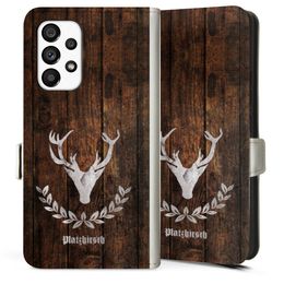 DeinDesign Galaxy A53 5G Handy Klapph&uuml;lle Handyh&uuml;lle aus Kunst Leder wei&szlig; Flip Case Wood Deer Wooden Look Sideflip mit Lasche