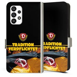 DeinDesign Galaxy A53 5G Handy Klapph&uuml;lle Handyh&uuml;lle aus Kunst Leder wei&szlig; Flip Case Sgd Sg Dynamo Dresden Merchandise Sideflip mit Lasche
