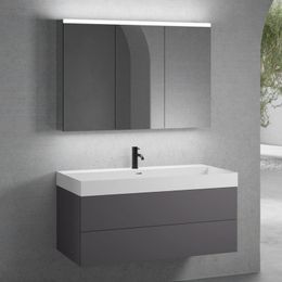 neoro n50 Unterschrank B: 120 cm mit 2 Ausz&uuml;gen, Waschtisch mit 1 Hahnloch wei&szlig; matt, mit Spiegelschrank,, BN0140WM+BN0424GR+BN0475MI,