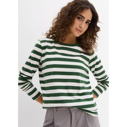 Langarmshirt bonprix, Damen, Gr. 40/42 (M), fichtengr&uuml;n, wollwei&szlig; gestreift, Jersey, Obermaterial: 100% Baumwolle, geringelt, gestreift, bequem Po-bedeckend, Rundhals, Shirts Langarmshirt, Langarm, Ringel, aus reiner Baumwolle