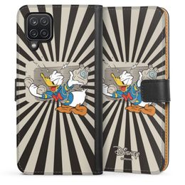 DeinDesign Galaxy A12 Handy Klapph&uuml;lle Handyh&uuml;lle aus Kunst Leder schwarz Flip Case Disney Official Licensed Product Donald Duck Sideflip mit langer Lasche