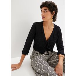 Ajourstrickjacke bonprix "Ajour-Bolero", Damen, Gr. 44/46 (L), schwarz, Strick, Obermaterial: 50% Baumwolle, 50% Polyacryl, unifarben, bequem taillenlang, V-Ausschnitt, weit Strickkante, Strickjacken Ajourstrickjacke, bequeme Passform, 3/4-&Auml;rmel, Ajour-Bolero
