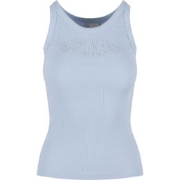 Muskelshirt Karl Kani "Karl Kani Woven Signature Rhinestone Rib Tank", Damen, Gr. M, blau (lightblau), 100% Baumwolle, gestreift, normal, U-Boot-Ausschnitt, Shirts