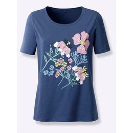 Kurzarmshirt Classic Basics "Shirt", Damen, Gr. 38, blau (jeansblau, bedruckt), 100% Baumwolle, bedruckt, gebl&uuml;mt, gemustert, Rundhals, Shirts