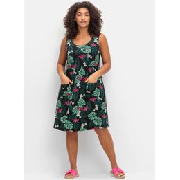 Sommerkleid "Sommerkleid", Damen, Gr. 50, Normalgr&ouml;&szlig;en, schwarz (schwarz, gemustert), 95% Viskose, 5% Elasthan, gebl&uuml;mt, gemustert, mehrfarbig, kurz, Rundhals, Kleider Sommerkleid