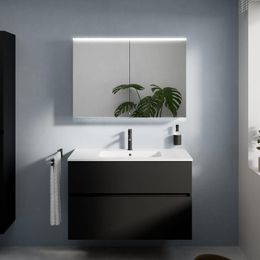 evineo ineo5 evo Unterschrank B: 100 cm mit 2 Ausz&uuml;gen, Slim-Waschtisch wei&szlig;, mit ineo5 evo Spiegelschrank CH,, BE0836WH+BE0958BM+BEA092MI+BEA096CH,