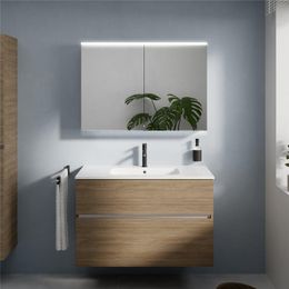 evineo ineo5 evo Unterschrank B: 100 cm mit 2 Ausz&uuml;gen, Slim-Waschtisch wei&szlig;, mit ineo5 evo Spiegelschrank,, BE0836WH+BE0958OA+BEA092MI+BEA096DE,