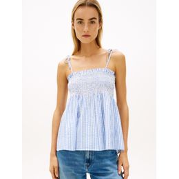 Smoktop Tommy Hilfiger "SWIMSHOP SEERSUCKER SMOCKED TOP", Damen, Gr. L (42/44), thin banker stp blau spell, wei&szlig;, Web, Obermaterial: 100% Baumwolle, gestreift, regular fit h&uuml;ftlang, ohne Ausschnitt, Tops, Baumwolle, Tr&auml;ger zum Binden