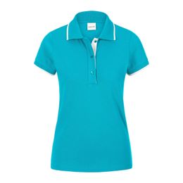 Madeleine Mode Kurzarmshirt MADELEINE "Shirt Sportives Poloshirt mit Halbarm", Damen, Gr. 34, blau (karibikblau), Obermaterial: 97% Baumwolle CO. 3% Elasthan EL., Modern, normal, Shirts