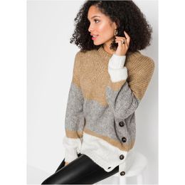 bonprix Gestreifter Oversize-Pullover mit Kn&ouml;pfen, beige, Gr.36/38 (S), Moderner weiter Pullover mit Knopfdetail