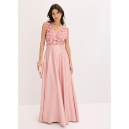bonprix Abendkleid aus gl&auml;nzendem Satin mit Blumen-Applikation, rosa, Gr.52, Modern und feminin: Maxikleid aus gl&auml;nzendem Satin mit hohem Schlitz und Blumen-Applikation im Oberteil