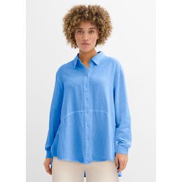 bonprix Oversize Bluse aus Leinen- Mix, blau, Gr.42, Oversize-Bluse mit abgerundetem & hinten verl&auml;ngertem Saum. Ein Langarmmodell mit Kragen und Knopfleiste., aus Leinen,Viskose
