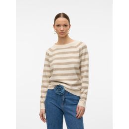 V&eacute;ro Moda Rundhalspullover VERO MODA "VMDOFFY LS O-NECK BLOUSE GA NOOS", Damen, Gr. M, beige (birch stripes braun melange), Strick, Obermaterial: 94% Polyester, 3% Elasthan, 3% Nylon, gestreift, regular fit normal, Rundhals, Rippb&uuml;ndchen, Pullover Rundhalspullover, Materialmix, regular fit
