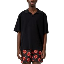 Kurzarmshirt QS, Herren, Gr. L, schwarz, Jersey, Obermaterial: 90% Baumwolle, 10% Leinen, unifarben, normal h&uuml;ftbedeckend, V-Ausschnitt, abgesteppte Kante, Shirts, Sommer-Poloshirt mit Leinen
