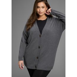 Strickjacke LAURA SCOTT CURVE "Gro&szlig;e Gr&ouml;&szlig;en", Damen, Gr. 44/46, grau (anthrazit m&eacute;lange), Feinstrick, Obermaterial: 50% Viskose, 28% Polyester, 22% Polyamid, unifarben, figurumspielend Po-bedeckend, V-Ausschnitt, Rippb&uuml;ndchen, Strickjacken Strickjacke, in kuscheligem Feinstrick und h&uuml;ftbedeckender Passform