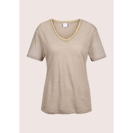 Madeleine Mode Kurzarmshirt MADELEINE "Shirt Print-Shirt mit Strass aus Leinen", Damen, Gr. 34, beige (berber), Obermaterial: 100% Leinen LI., Modern, normal, V-Ausschnitt, Shirts